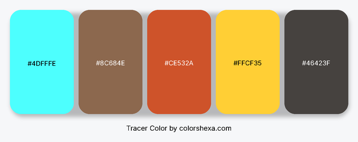 Tracer Color Palette #4DFFFE #8C684E #CE532A #FFCF35 #46423F Hex