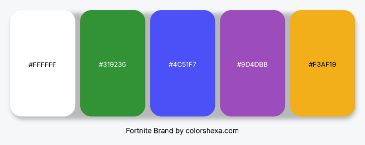Fortnite Brand Palette #FFFFFF #319236 #4C51F7 #9D4DBB #F3AF19 Hex