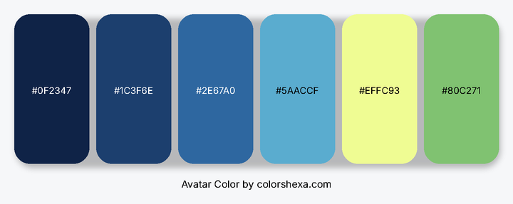 Avatar Color Palette #0F2347 #1C3F6E #2E67A0 #5AACCF #EFFC93 #80C271 Hex