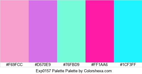 Exp0157 Palette Palette #F69FCC #D570E9 #76FBD9 #FF1AA6 #1CF3FF Hex