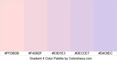 Gradient 4 Color Palette #FFDBDB #F4D6DF #E9D1E3 #DECCE7 #D4C8EC Hex