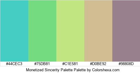 Monetized Sincerity Palette Palette #44CEC3 #75DB81 #C1E581 #D0BE92 ...