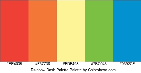 Rainbow Dash Palette Palette #EE4035 #F37736 #FDF498 #7BC043 #0392CF Hex