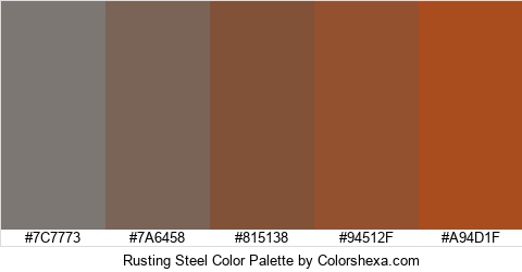 Rusting Steel Color Palette #7C7773 #7A6458 #815138 #94512F #A94D1F Hex