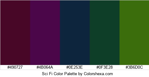 Sci Fi Color Palette #490727 #4B064A #0E253E #0F3E28 #3B6D0C Hex