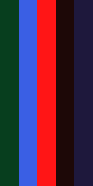 Stranger Things Palette Palette #073E1E #3A5FE5 #FF1515 #1E0707 #1E193C Hex
