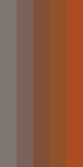 Rusting Steel Color Palette #7C7773 #7A6458 #815138 #94512F #A94D1F Hex